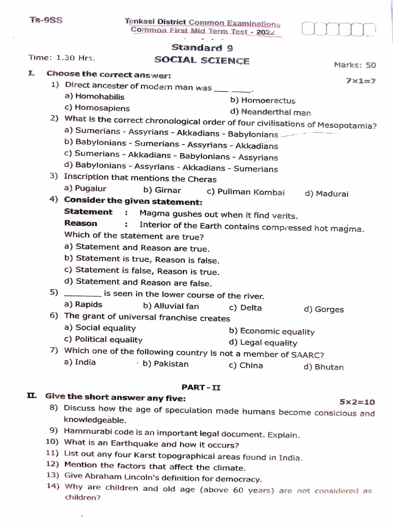 9th Social 1st Mid Term Exam 2022 Question Paper Tenkasi District English Medium PDF Download ...