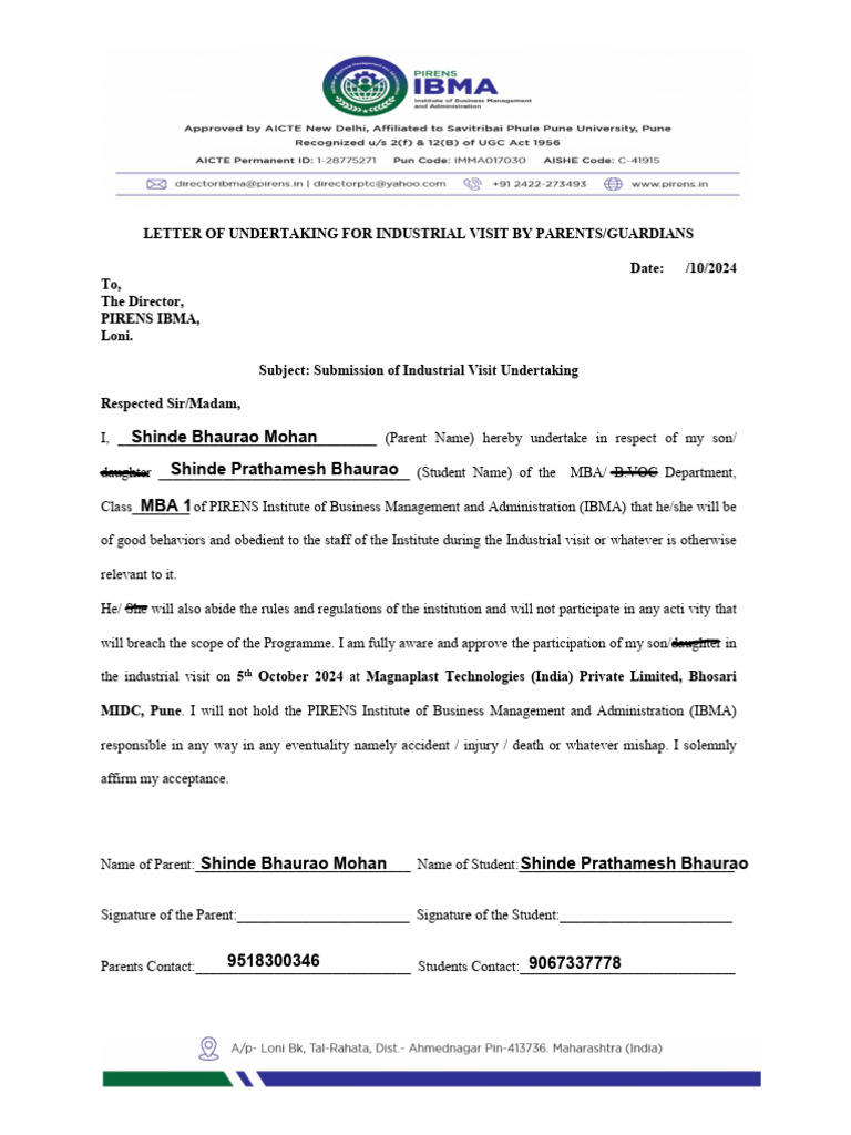 Industrial Visit Undertaking Letter | PDF