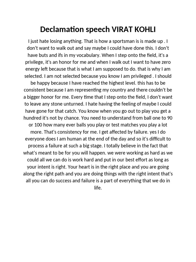 Declamation Speech VIRAT KOHLI | PDF