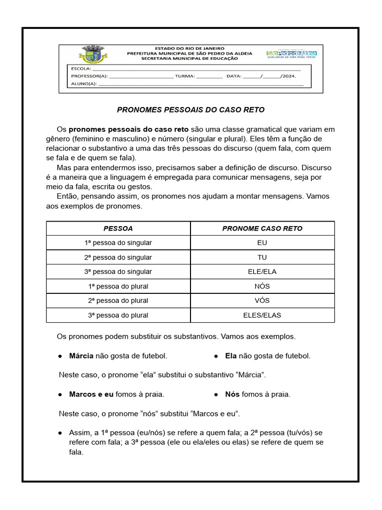 Pronomes Pessoais Do Caso Reto | PDF
