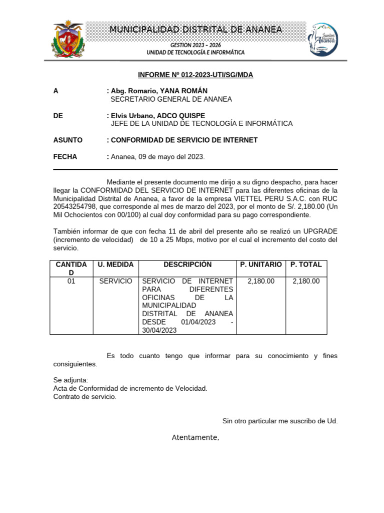 Informe 012-2023 Conformidad Internet Marzo | PDF