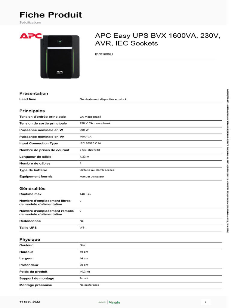 APC Easy UPS BVX 1600VA Spécifications | PDF | Biens manufacturés ...