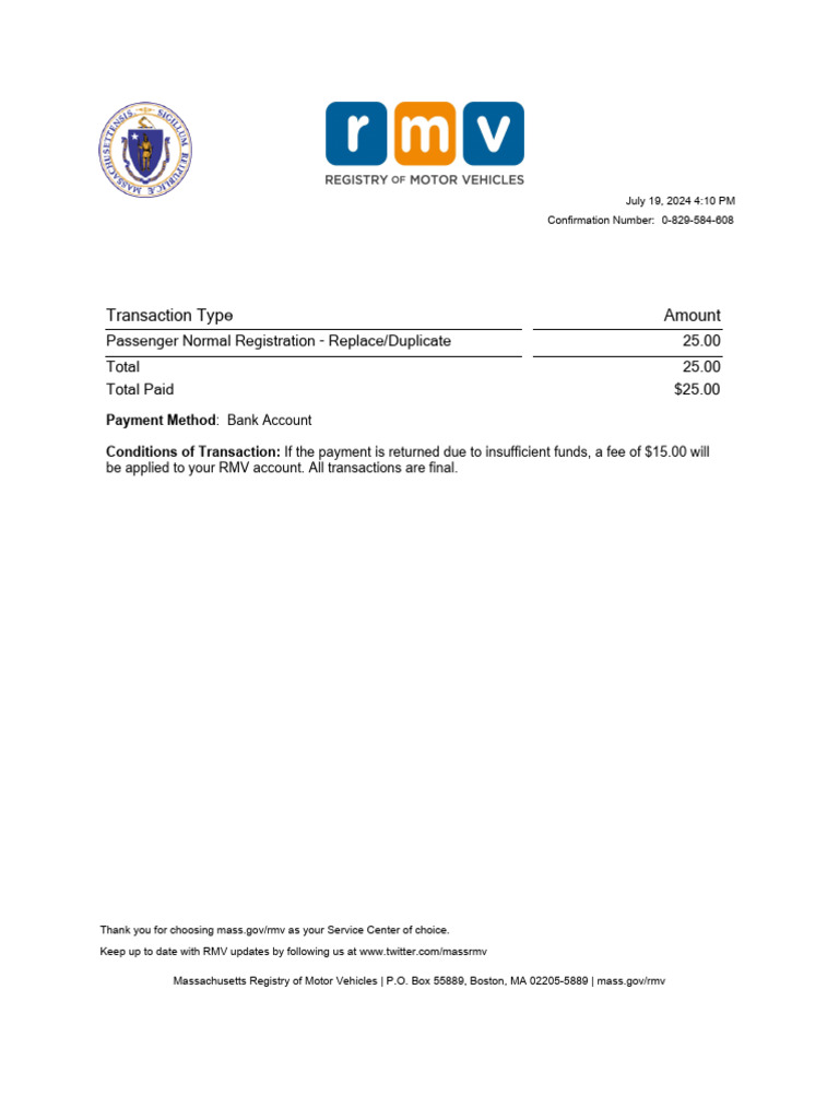 RMV Registration Replacement Receipt | PDF