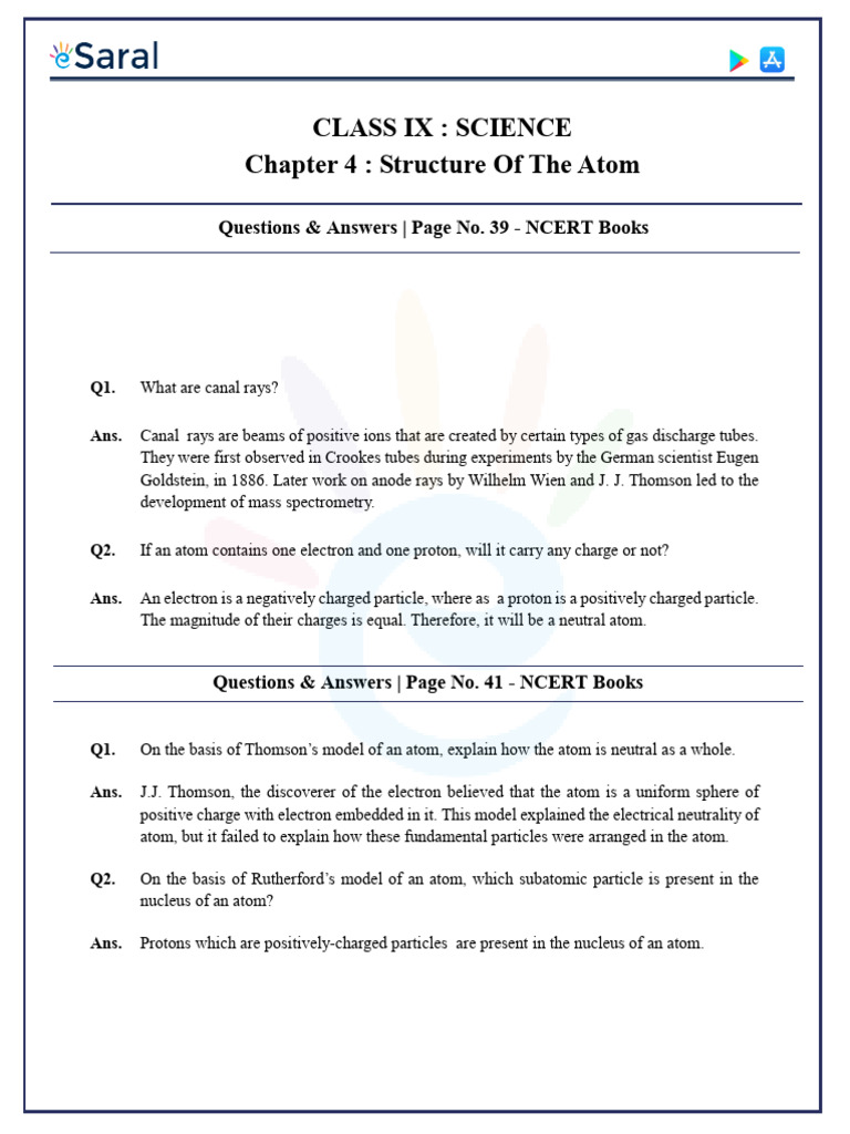 NCERT Solutions Class 9 Science Chapter 4 Structure of The Atom PDF | PDF | Atoms | Atomic Nucleus