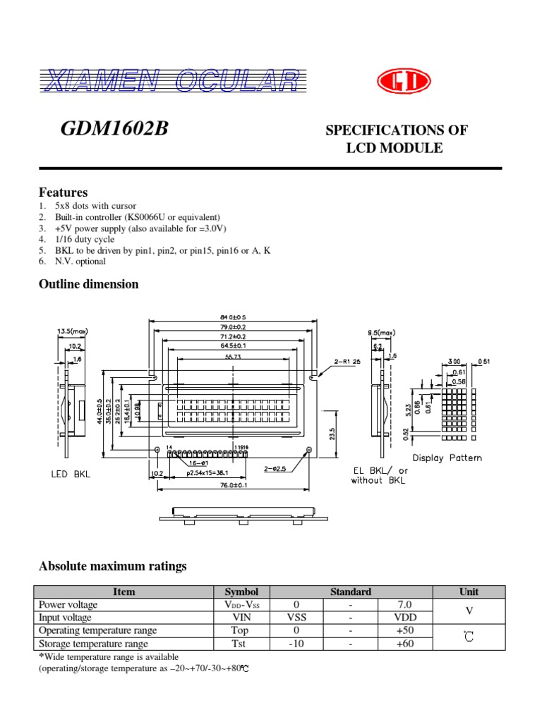 LCD - GDM1602B | PDF | Power Supply | Liquid Crystal Display