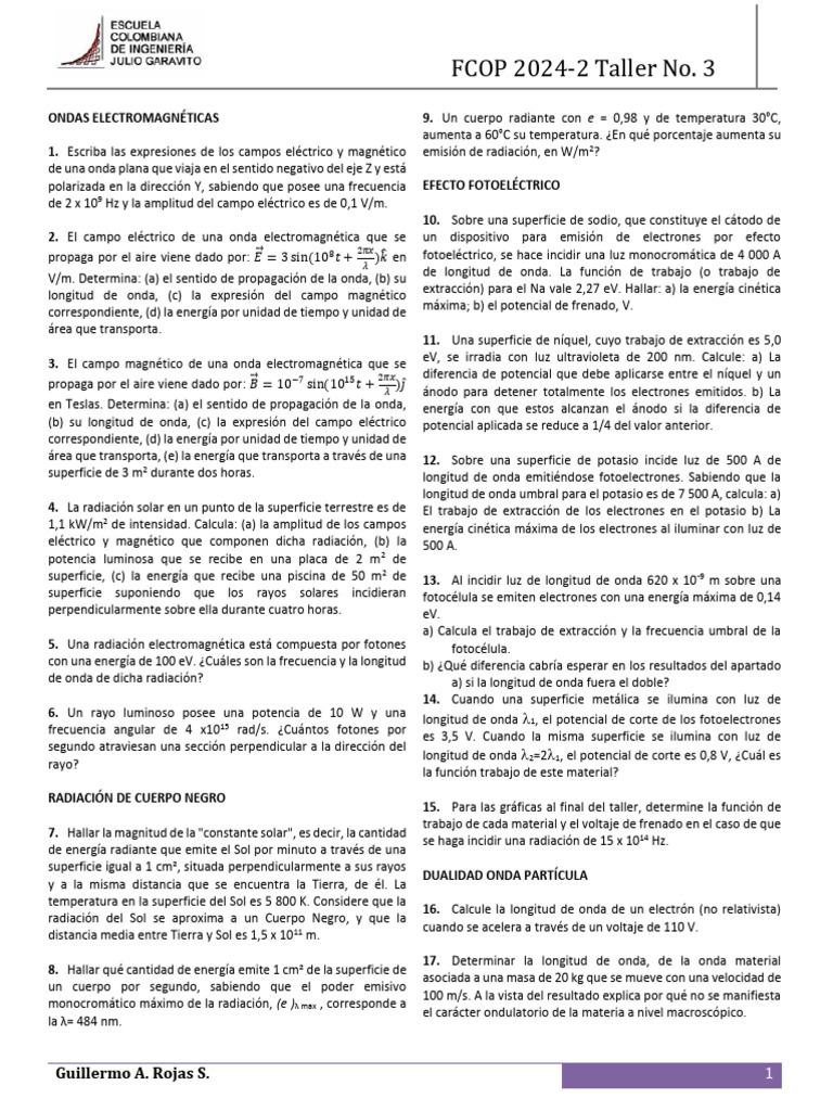 Taller N. 3 FCOP 2024-2 | PDF | Radiación electromagnética | Ligero