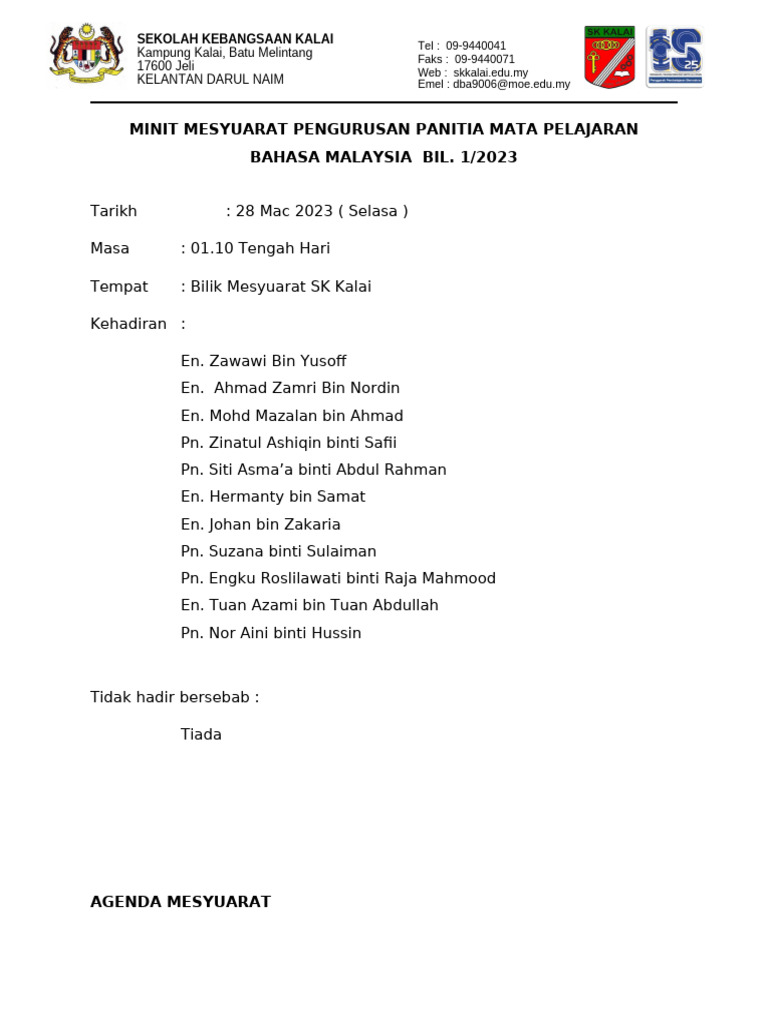 MINIT MESYUARAT PANITIA BM KALI 1 2023 | PDF