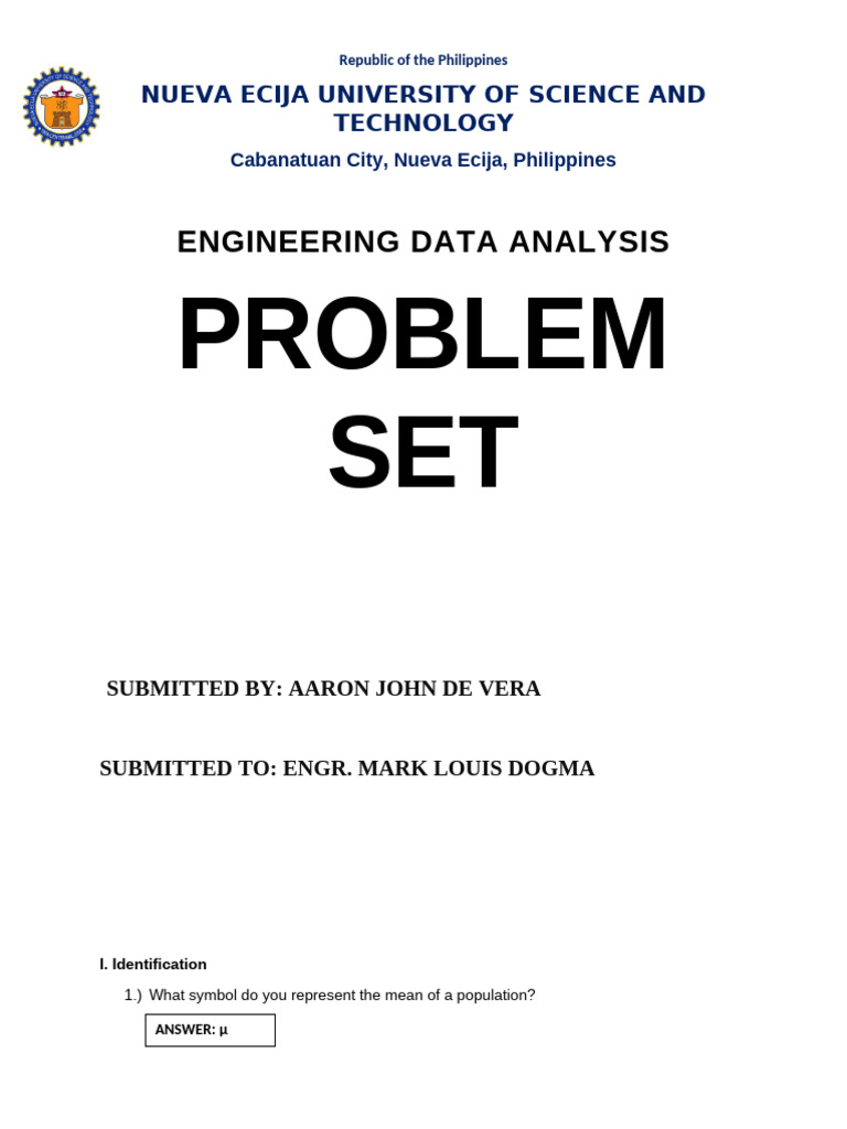 Engineering Data Analysis Problem Set | PDF | Permutation | Variance
