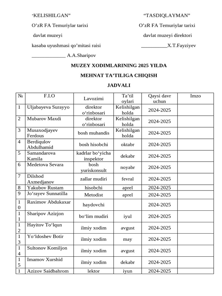 Ta'tillar Jadvali | PDF