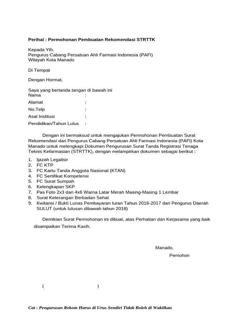 Form Permohonan Rekom STRTTK | PDF