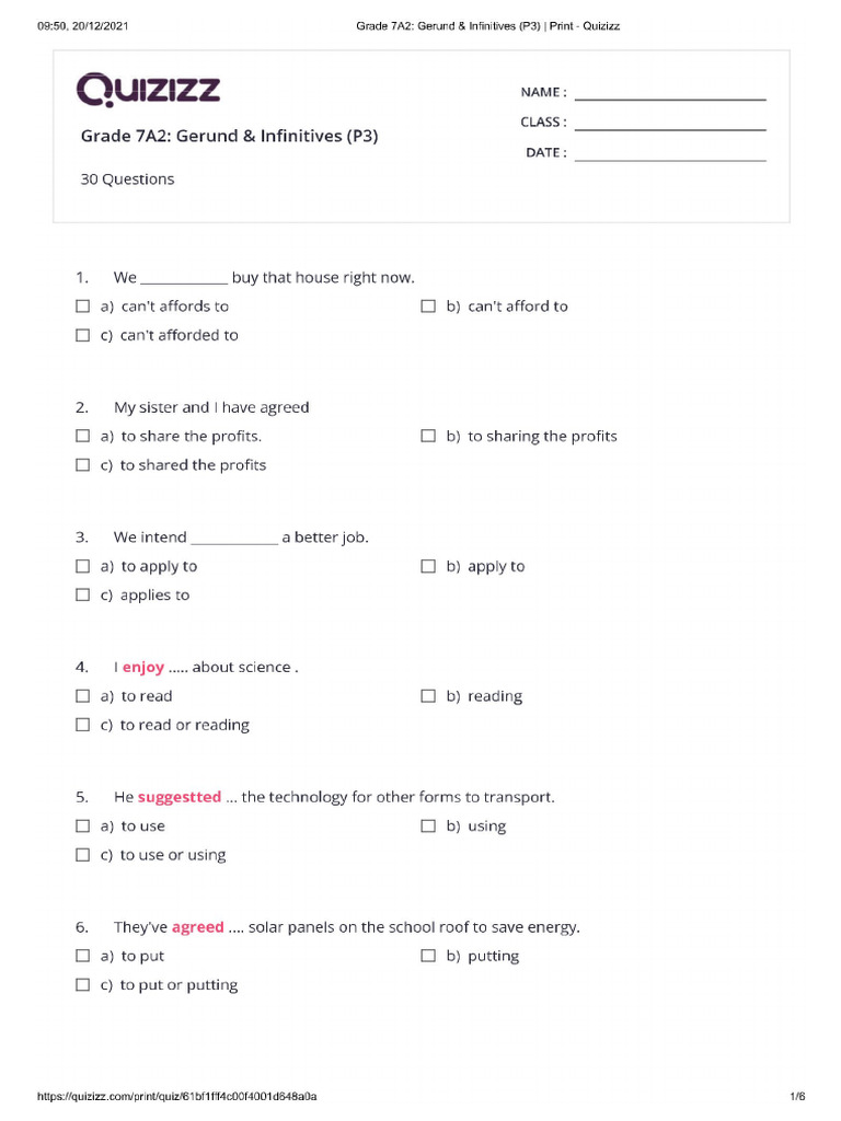 19.12.G7(BD) - Grade 7A2_ Gerund & Infinitives (P3) _ Print - Quizizz | PDF