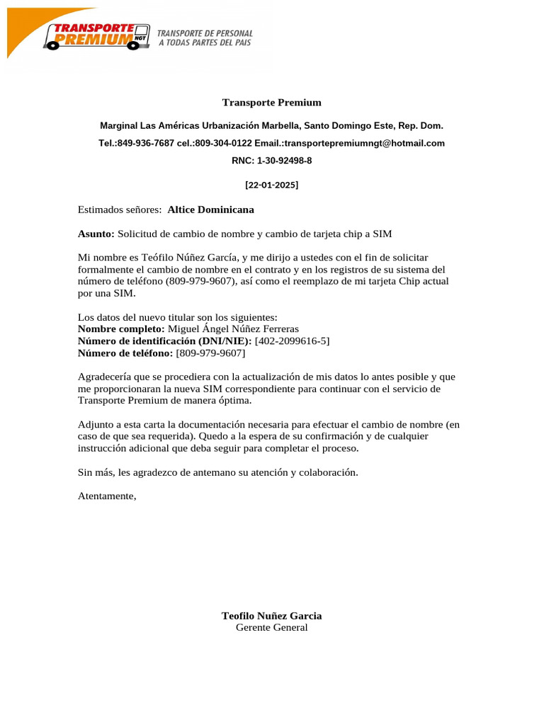 Solicitud de Cambio de Titular y SIM Altice | PDF