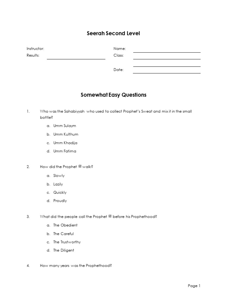 Level 2 Quiz Questions Seerah | PDF | Muhammad | Ali