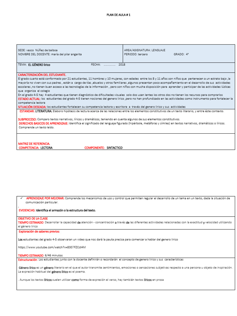 Plan de Aula Español III Periodo Grado Cuarto (2) | PDF | Asunto (gramática) | Predicado (Gramática)