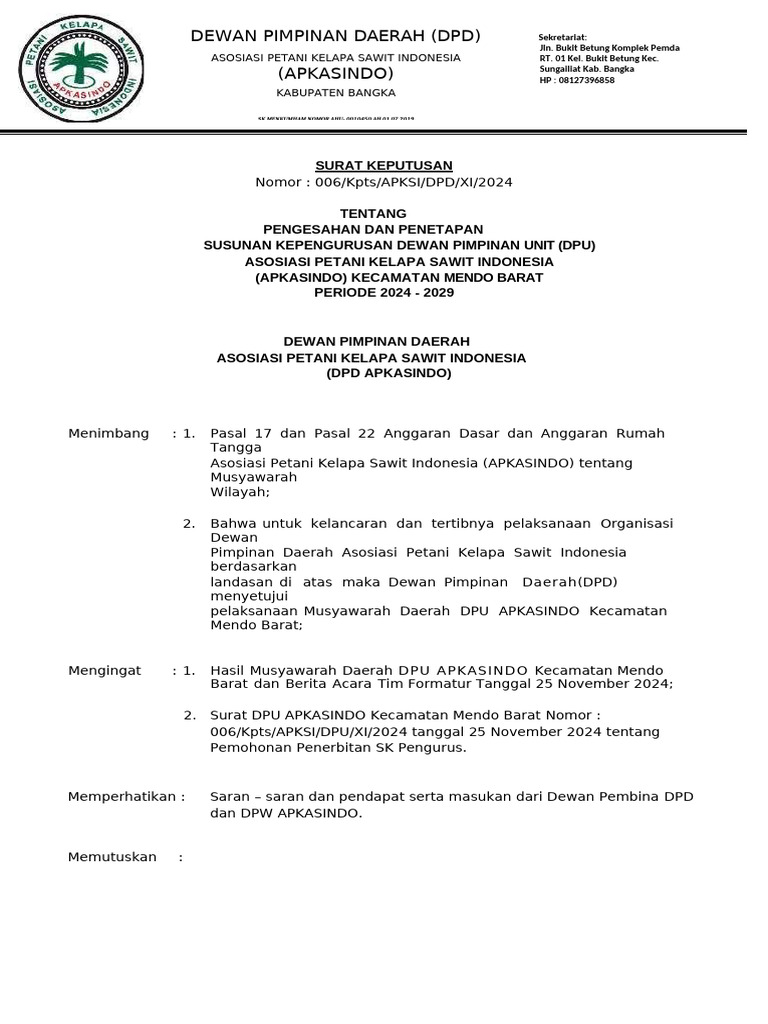 Pengesahan Pengurus DPU APKASINDO Mendo Barat 2024-2029 | PDF