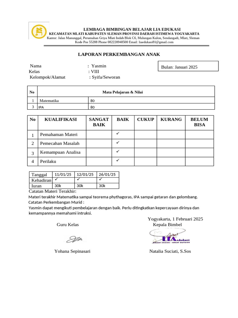 template laporan bimbel | PDF