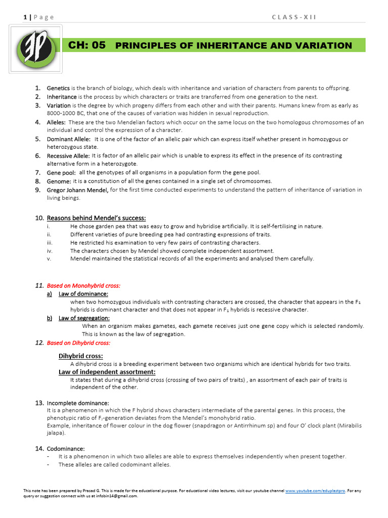 Chapter 5. Biology. Class 12th. Principles of Inheritance and Variation | PDF | Dominance ...
