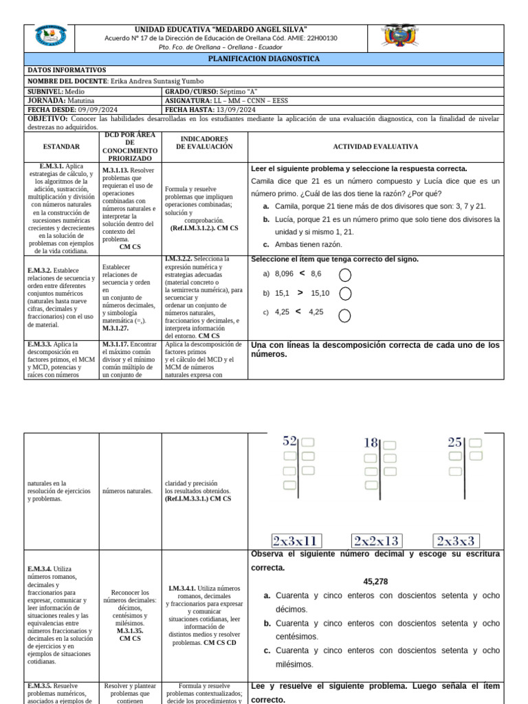 Planificación EVAL DIAGNOSTICA 7mo 2024 - 2025 | PDF | Matemática Elemental | Aritmética