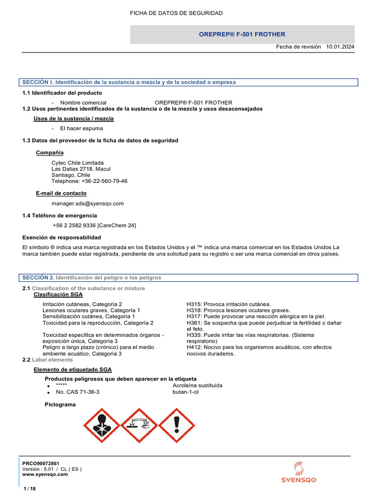 Oreprep® F-501 Frother | PDF | Agua | Solubilidad