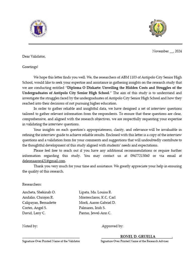 ACSHS - Validation Letter (HUMSS 1104 - Grp1) | PDF