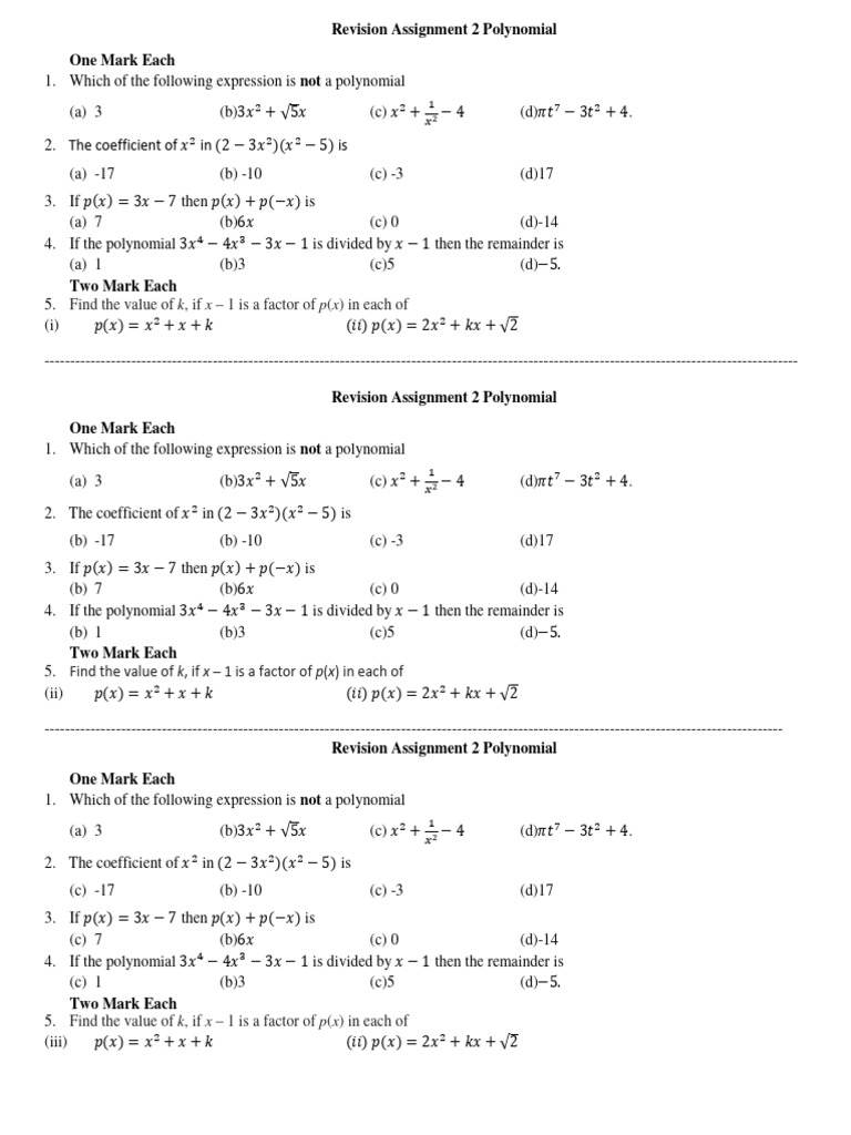 Revision Assignment 2, 3 Polynomial | PDF | Factorization | Applied Mathematics