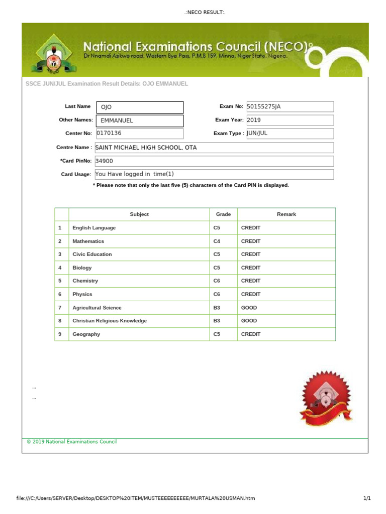 NECO_RESULT (1) | PDF