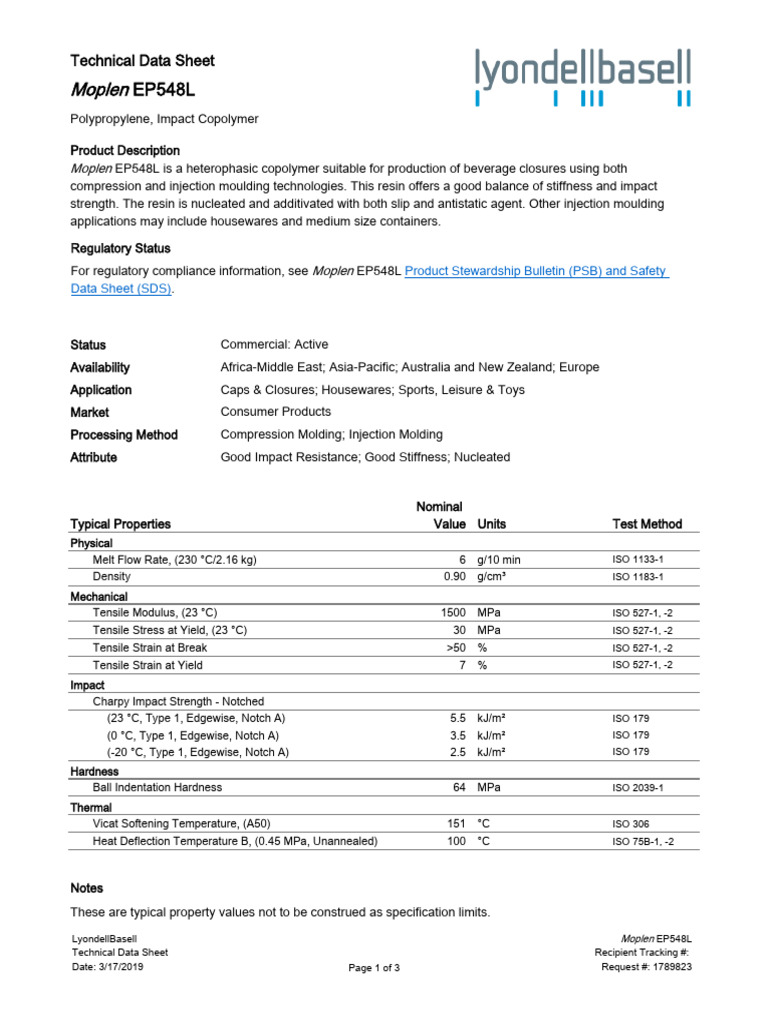 Basell EP548L PP Copo MI 6 | PDF | Strength Of Materials | Implied Warranty