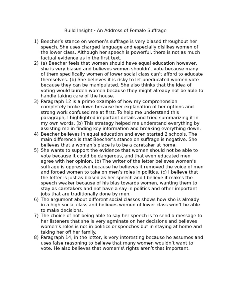 Beecher's Biased View on Women's Suffrage | PDF | Cognition