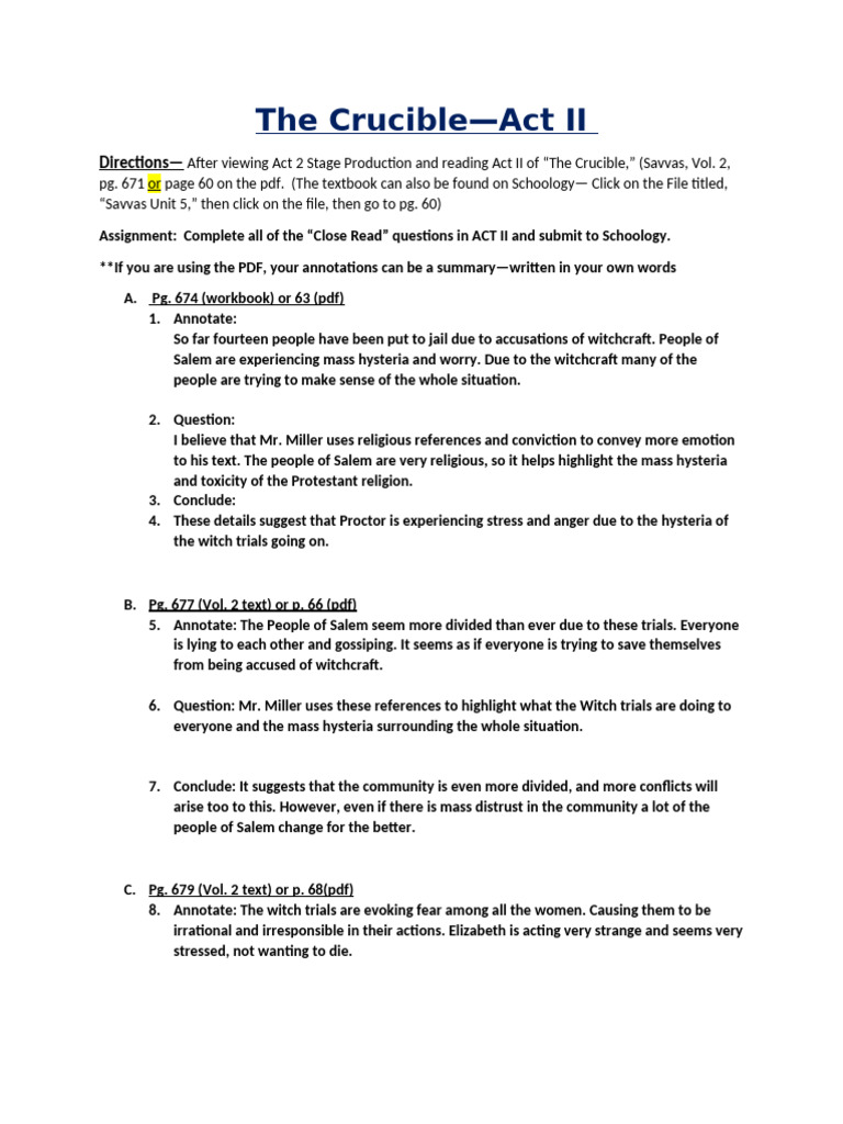 Act II Analysis of The Crucible | PDF | Witchcraft | Psychology