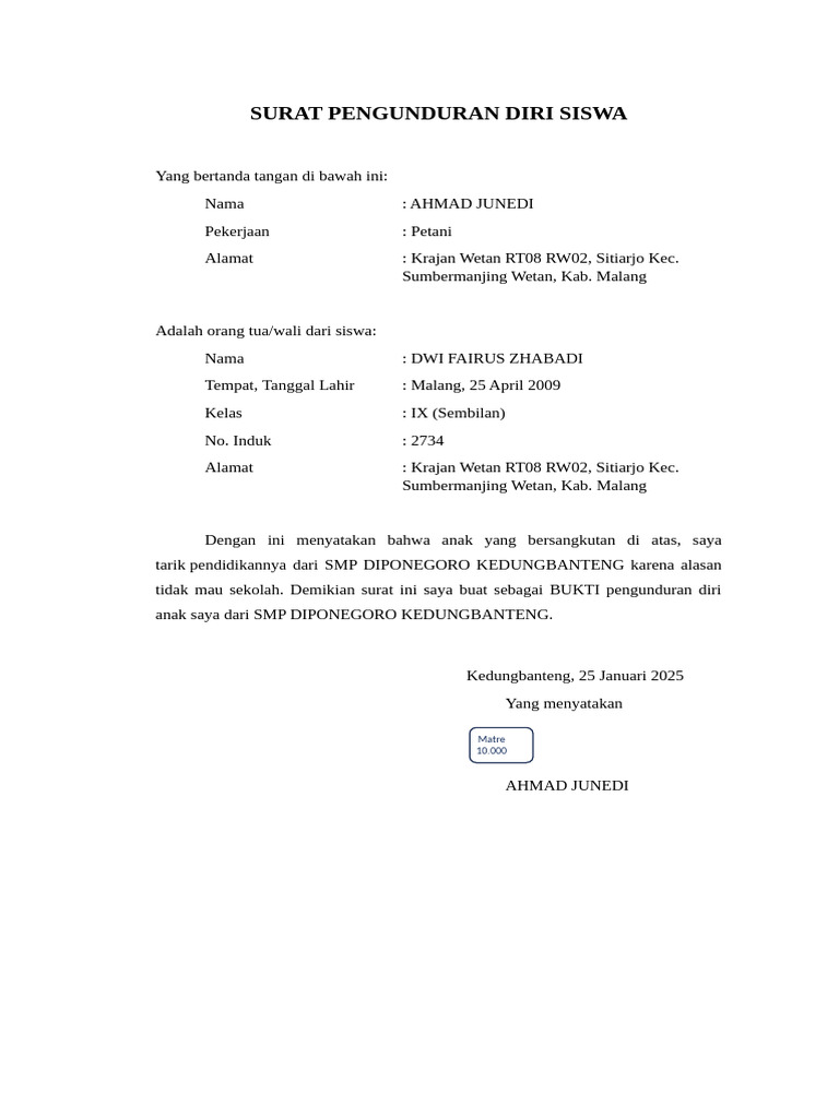 Surat Pengunduran Diri Siswa | PDF