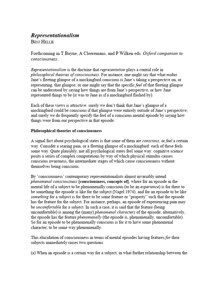 Hellie Representationalism | PDF | Experience | Consciousness