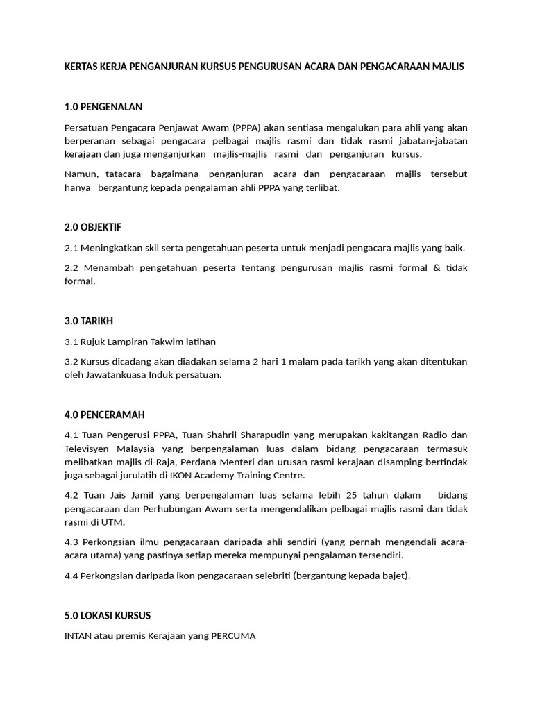 Kertas Kerja Kursus Pengurusan Acara Dan Pengacaraan Majlis | PDF