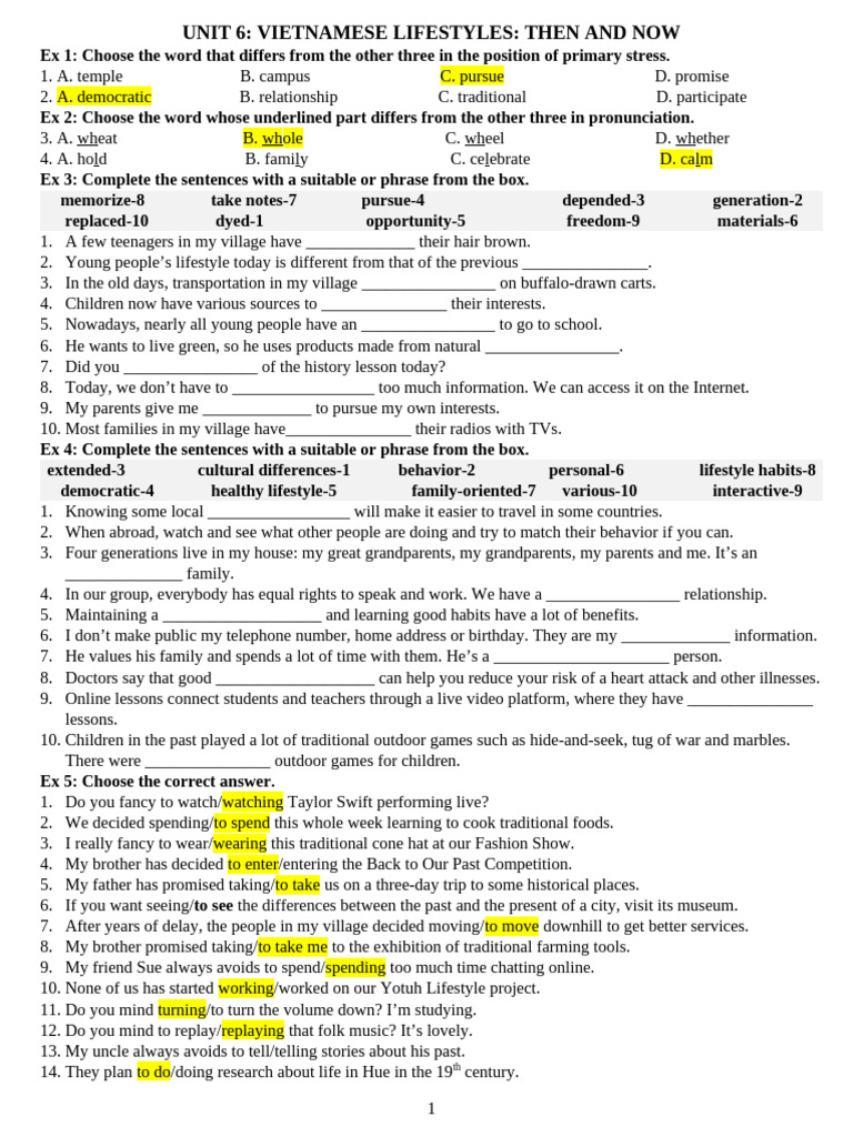 UNIT 6- VIETNAMESE LIFESTYLE - THEN AND NOW - BÀI TẬP-KEY | PDF | Wheel ...