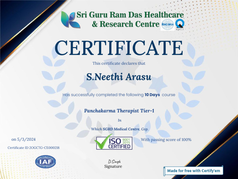 Panchakarma Therapist Tier-1 Certificate | PDF