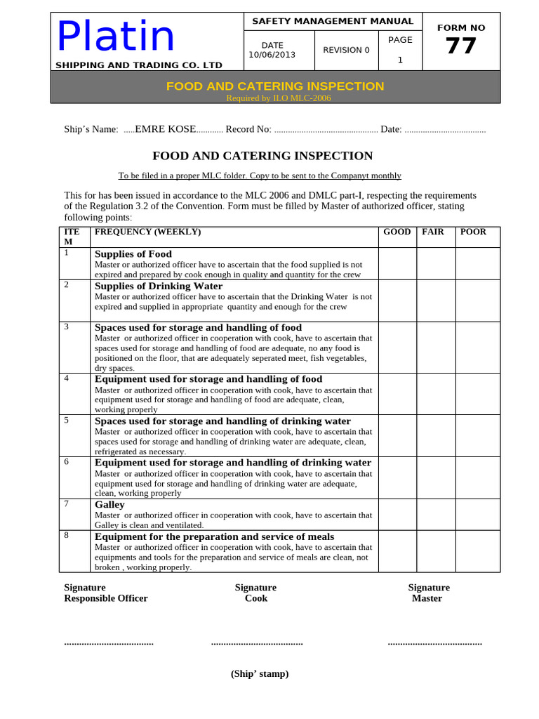 77 - FOOD AND CATERING INSPECTION Rev. 10.06.13 | PDF