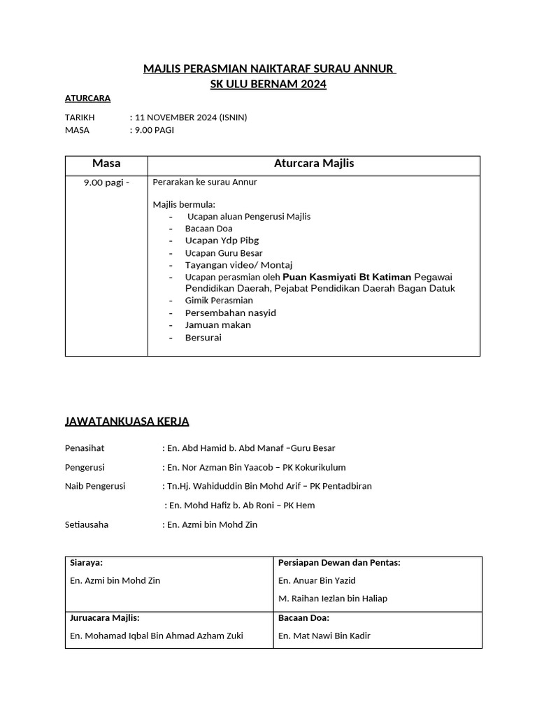 Aturcara Majlis Perasmian Naiktaraf Surau Annur | PDF