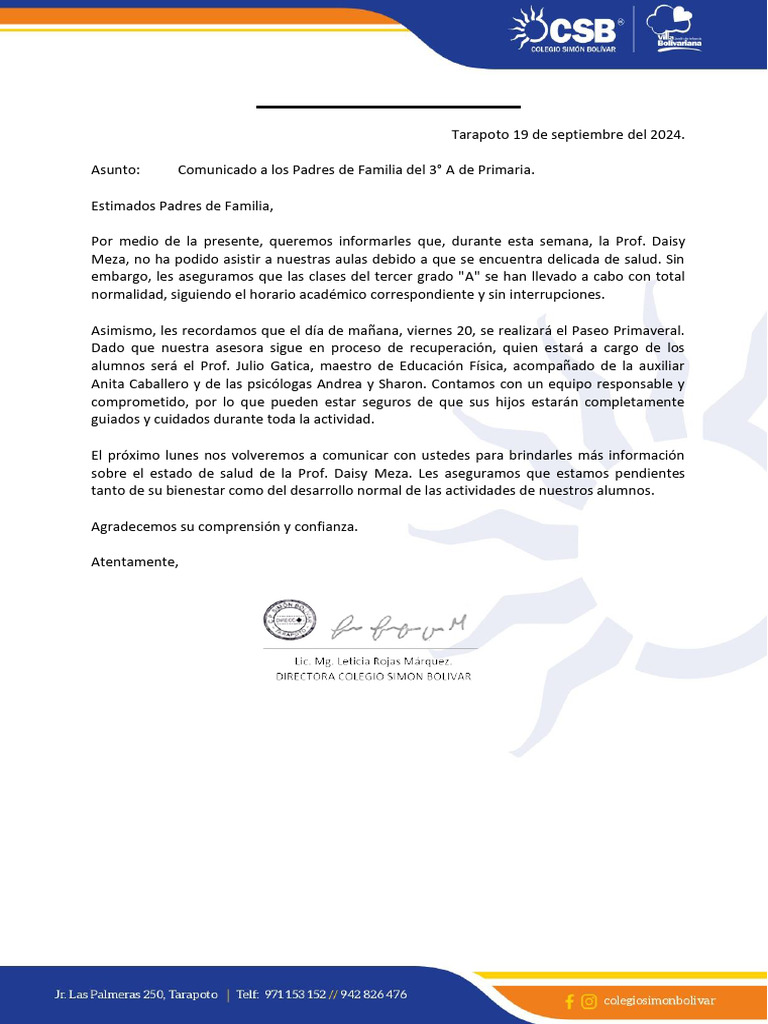 Comunicado sobre Prof. Daisy Meza y Paseo | PDF