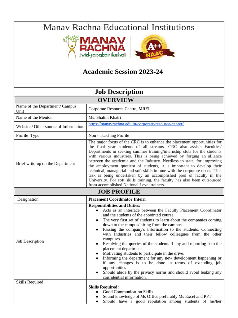 Placement Coordinator Intern Role at MREI | PDF | Internship | Job Hunting