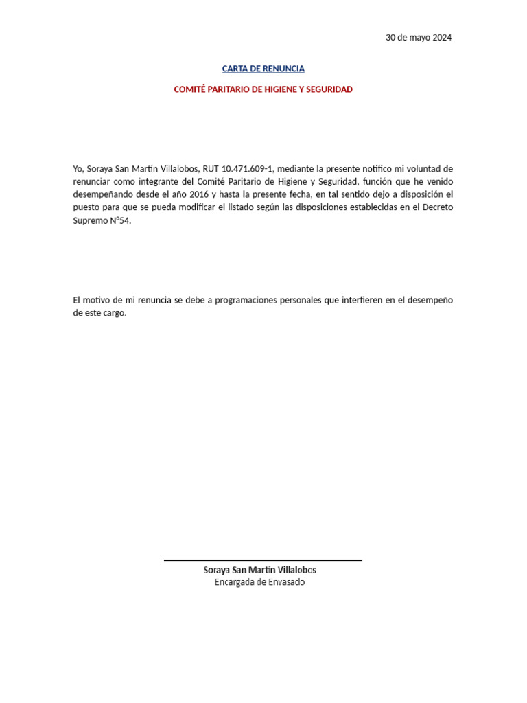Carta de Renuncia Comité Paritario | PDF