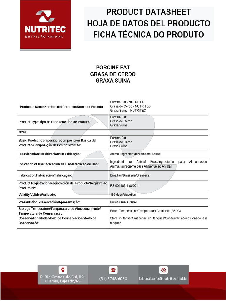 Ficha Técnica Grasa de Cerdo | PDF