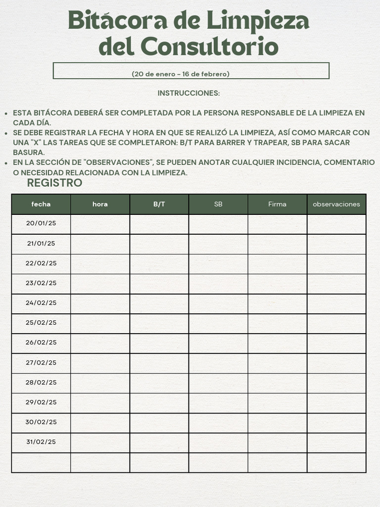Bitácora de Limpieza Del Consultorio - 20250119 - 211219 - 0000 | PDF