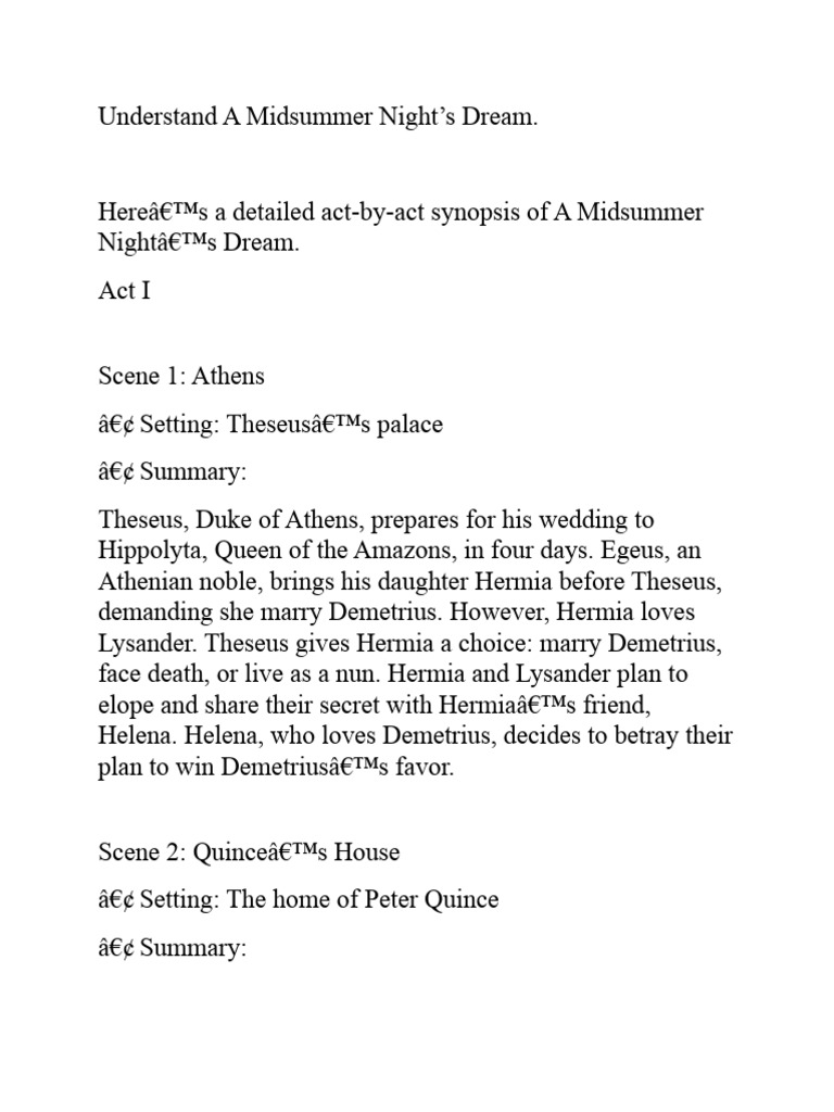 A Midsummer Night's Dream Synopsis | PDF | A Midsummer Night's Dream