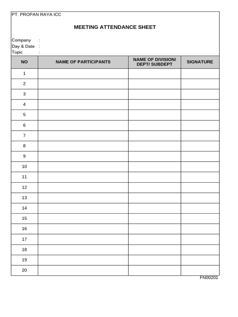 FN00201 Meeting Attendance Sheet | PDF