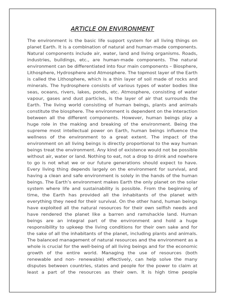 ARTICLE ON ENVIRONMENT | PDF | Natural Environment | Earth