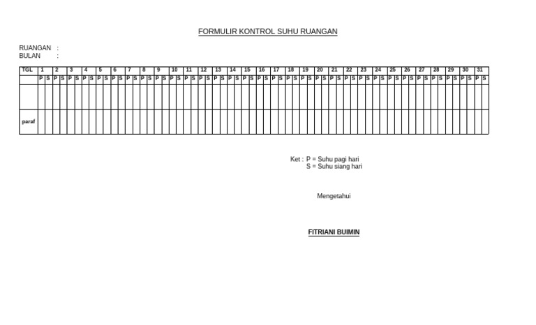 Formulir Kontrol Suhu Ruangan | PDF