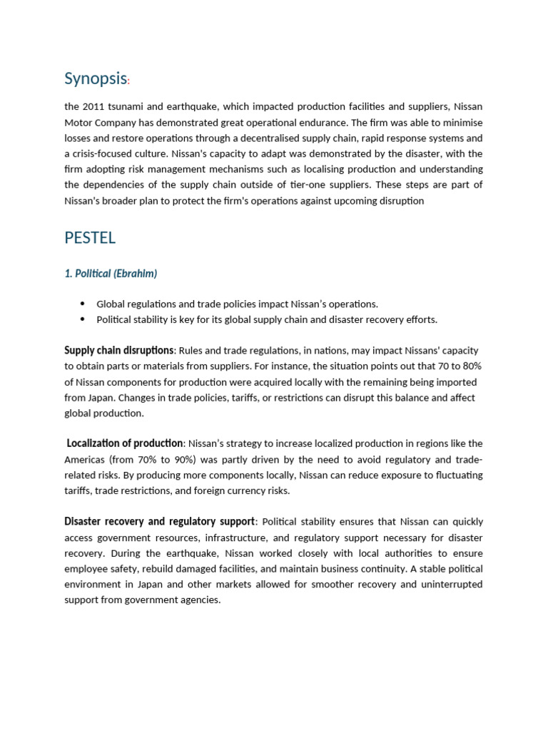 Pestle, Synopsis, SWOT For Nissan | PDF | Risk Management | Supply Chain
