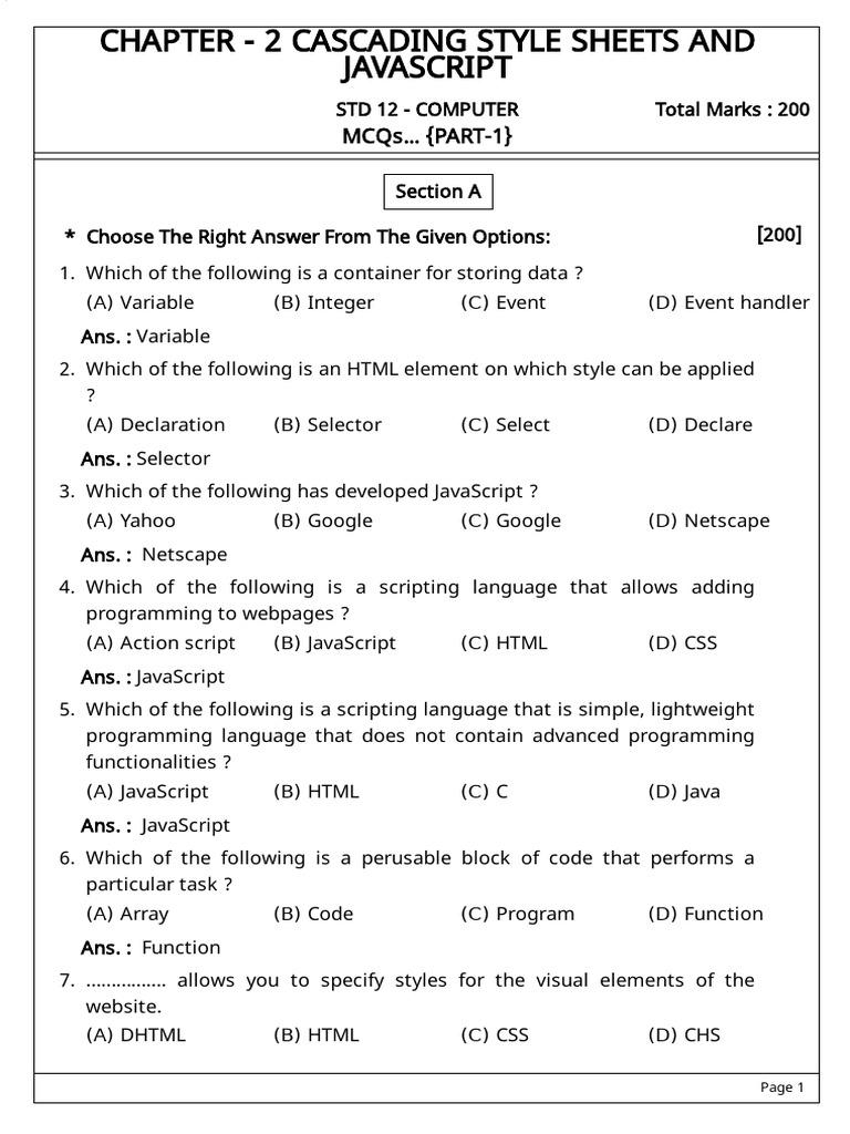 CSS & JavaScript MCQs for Std 12 | PDF | Java Script | Dynamic Html
