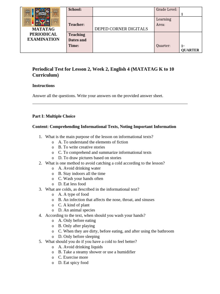 PT Week 2 English Deped Corner Digitals | PDF | Common Cold | Microbiology