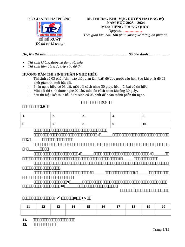 ĐỀ ĐỀ XUẤT DHBB 2024 - HẢI PHÒNG | PDF