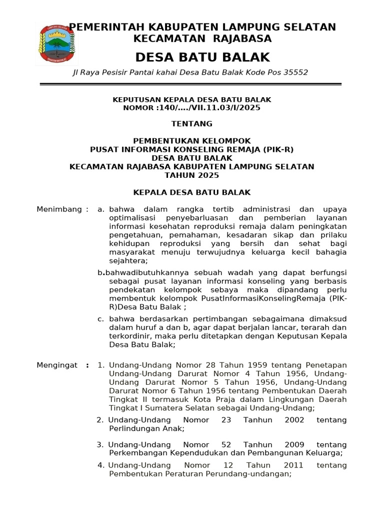 Pembentukan PIK-R Desa Batu Balak | PDF
